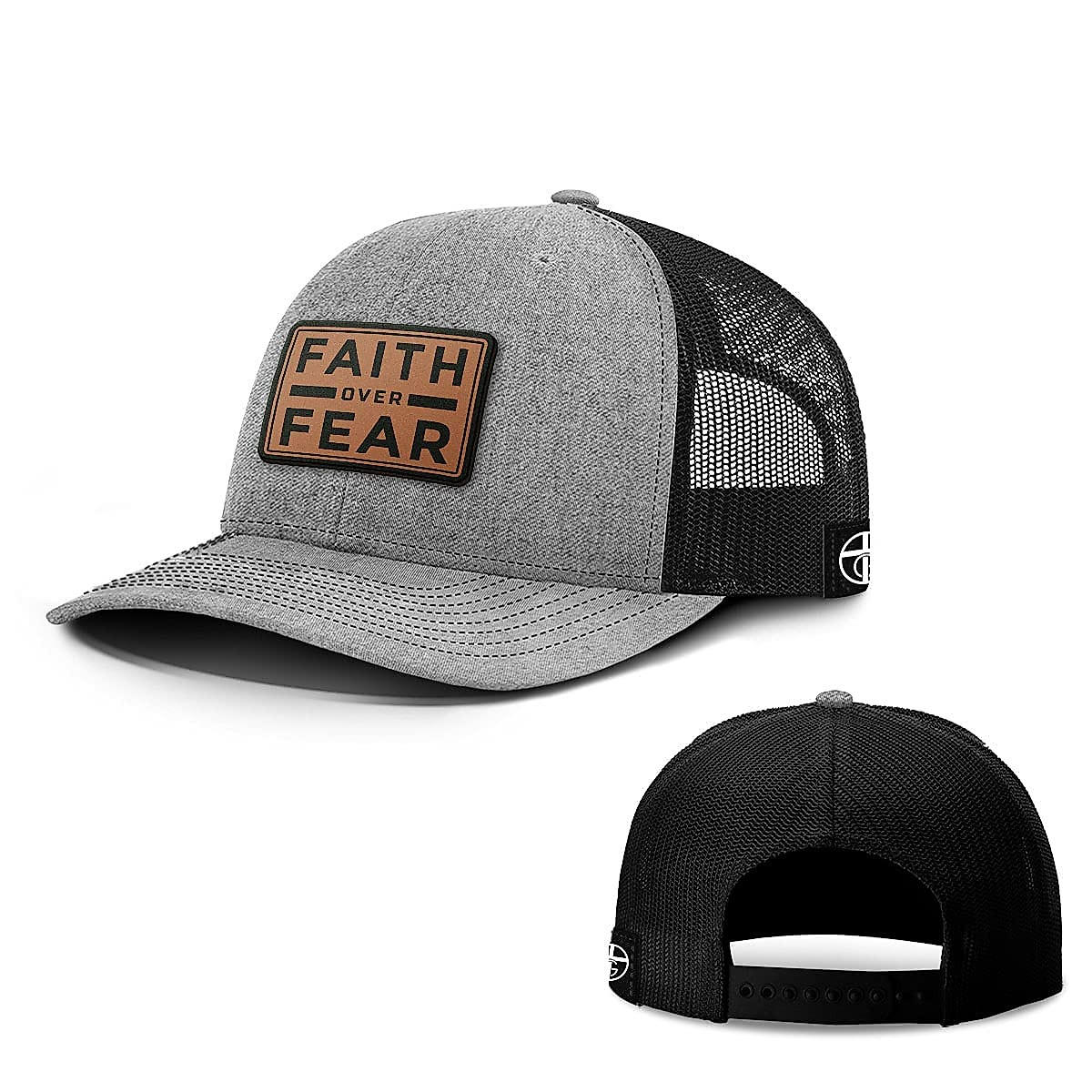 Faith Over Fear Leather Patch Christian Trucker Hat - Adjustable Fit Snapback Hat - Breathable Mesh Side for Casual Wear - Running Workout & Outdoor Activities All Seasons - Baseball Cap Women and Men