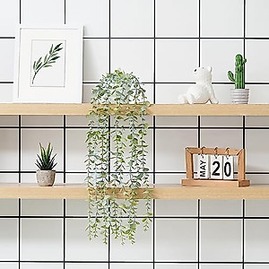 BLEUM CADE Fake Hanging Plants, 1pcs Sage Green Artificial Hanging Potted Plant, Faux Eucalyptus Hanging Plant Greenery for Wall Shelf Home Living Room Indoor Outdoor Decor