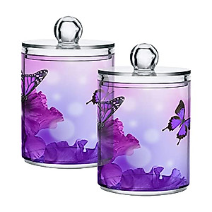 JUMBEAR 2 Pack Purple Butterfly Qtip Holder Dispenser with Lid, 14 oz Clear Plastic Apothecary Jar Set for Bathroom Vanity Organizers Storage Containers