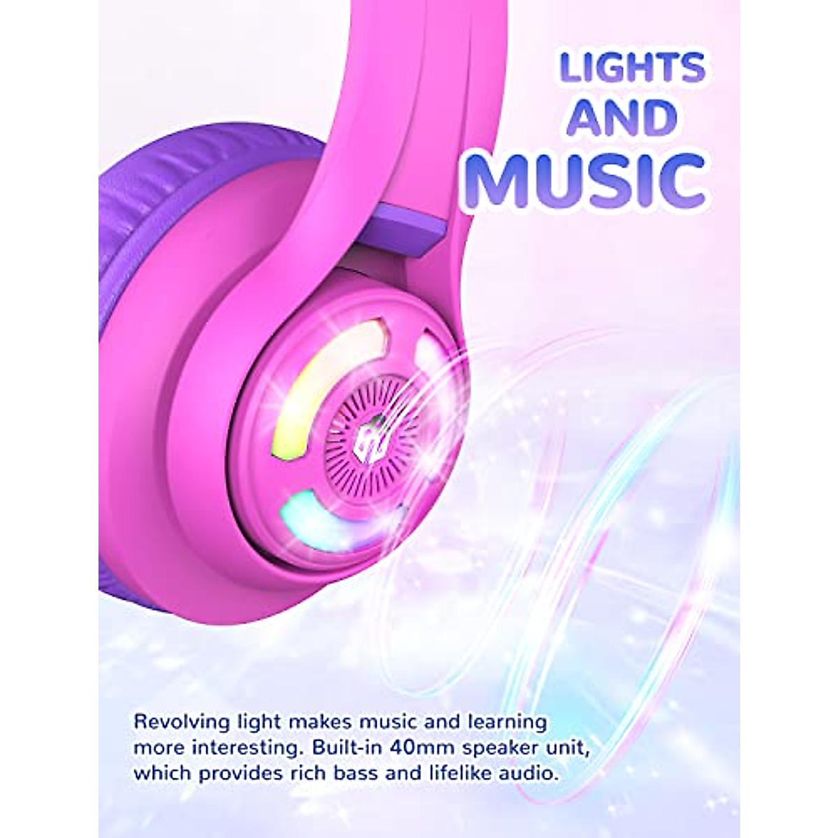 iClever Cat Ear Kids Bluetooth Headphones, LED Lights Up, 74/85/94dB Volume Limited, 50H Playtime,Bluetooth 5.2, USB C,Kids Headphones Wireless Over Ear for Travel iPad Tablet, Meow Macaron-Hot Pink