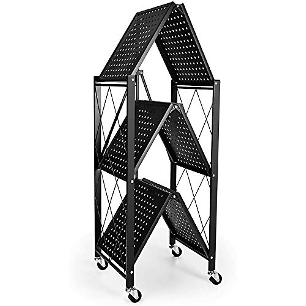 HealSmart 3-Tier Heavy Duty Foldable Metal Rack Storage Shelving Unit with Wheels Moving Easily Organizer Shelves Great for Garage Kitchen Holds up to 750 lbs Capacity, Black (HKSHLFFOLD28153403BV1)
