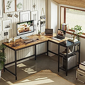 CubiCubi L Shape Computer Desk with Storage Shelf Study Writing Table for Home Office, Modern Simple Style PC Desk, Black Metal Frame