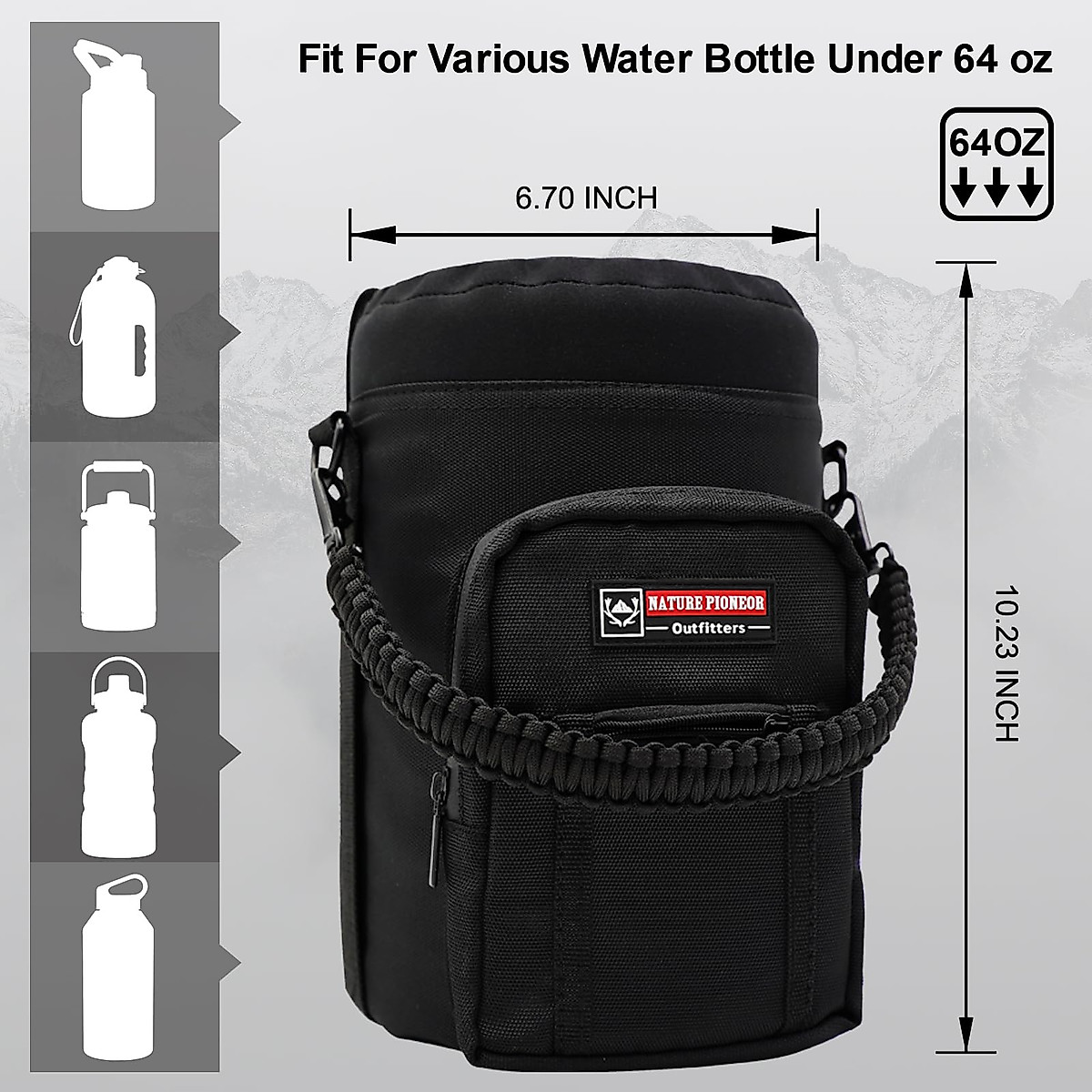 NATURE PIONEOR Insulated Water Bottle Holder with Shoulder Strap for Half Gallon One Gallon 128OZ Sports Water Jugs Bottles, Carrier/Pouch Sleeve for Outdoor Camping, Hiking,Gym