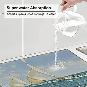 Sailboat Ship Landscape Printed Drying Mat For Kitchen Ultra Absorbent Microfiber Dishes Drainer Mats Non-Slip Silicone Quick Dry Pad - 18 X 16inch