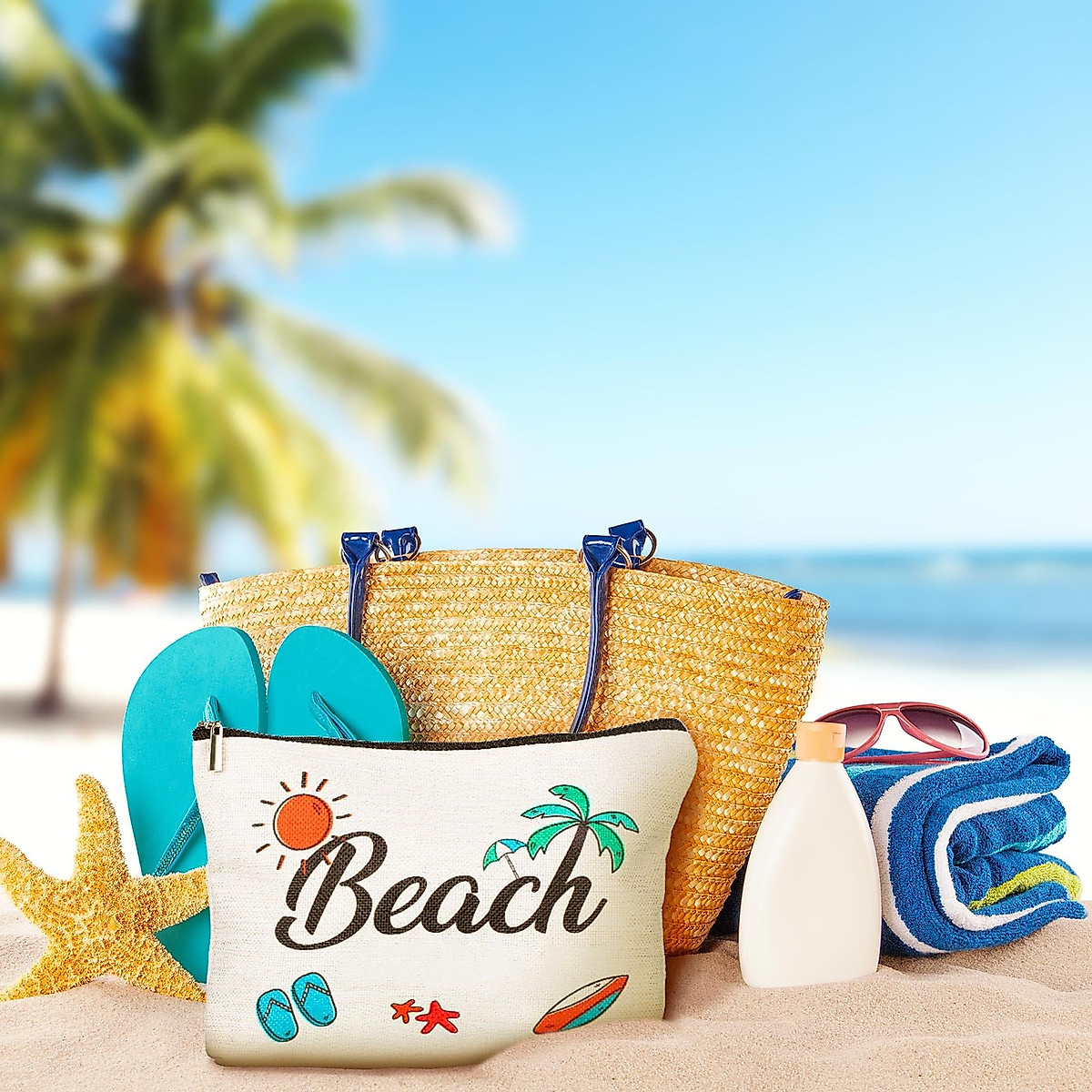 Yilloog 6 Pieces Beach Cosmetic Bag for Women Beach Makeup Bag Accessories Travel Organizer Bag Pouch Presents for Women Kids Gifts