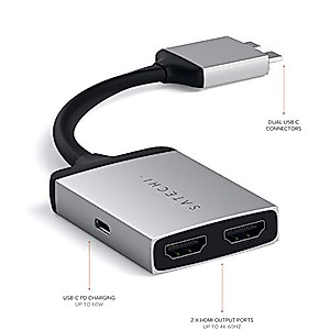 Satechi Aluminum Type-C Dual HDMI Adapter 4K 60Hz with USB-C PD Charging - for M2/ M1 MacBook Pro/Air (Silver)