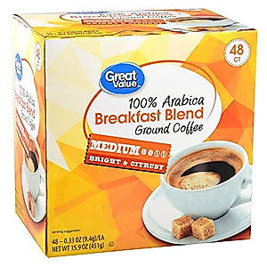 Great Value Breakfast Blend Medium Roast Coffee K-Cups, 0.33 oz, 48 count