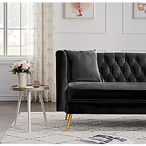 EMKK Small Velvet 2-Seater Couch with Pillows, Loveseat Accent Sofa, Living Room Sofá with Tufted Backrest, Black