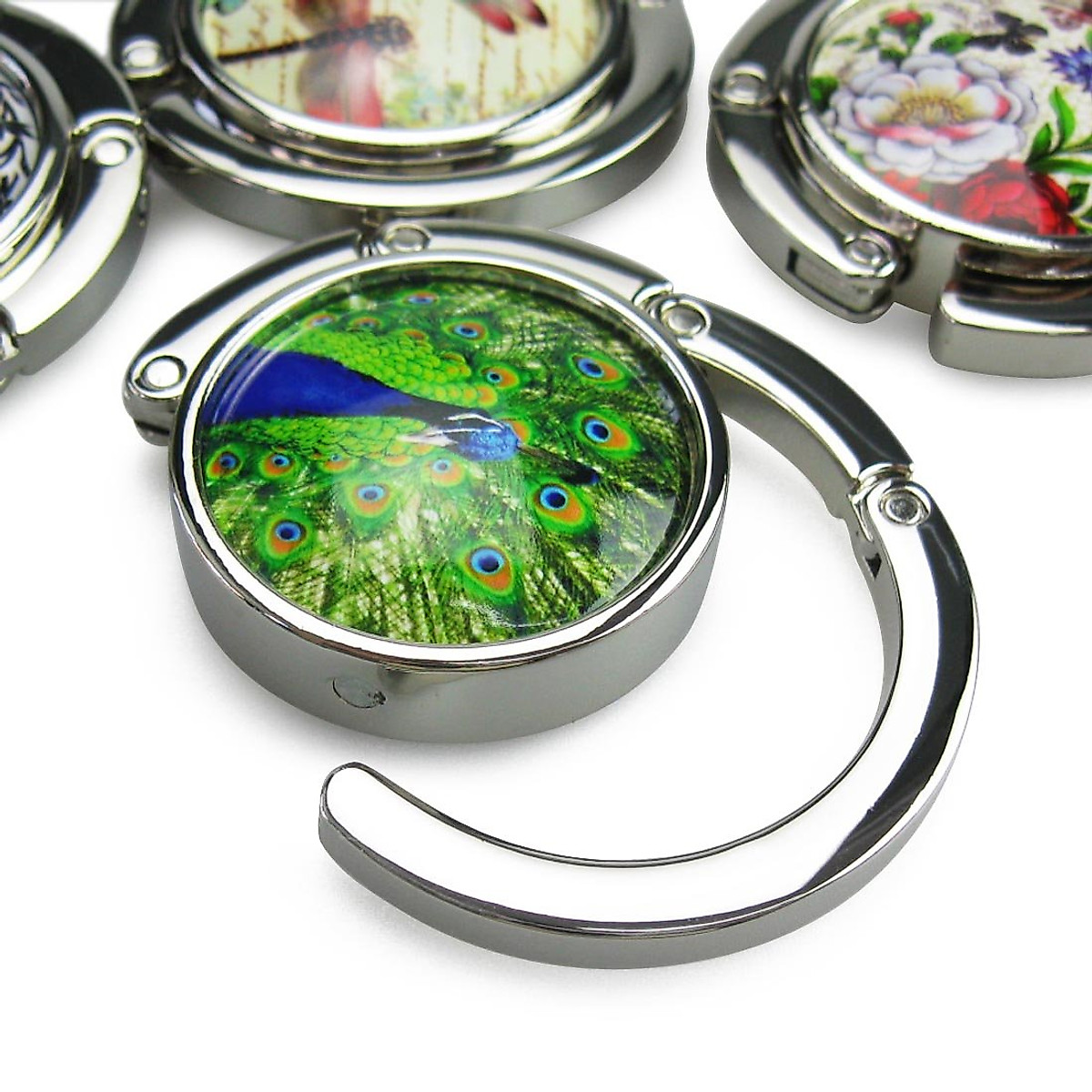 kilofly Purse Hook [Set of 4] - Foldable - Gorgeous Peacock Pouch