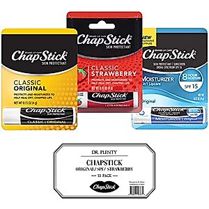 Chapstick Variety Pack Classic Original, SPF 15, & Strawberry Lip Balm Sticks Bulk, 0.15 Oz (15 Count) - Chap Stick Skin Protectant Moisturizer Tubes, Stocking Stuffers - By Dr. Plenty