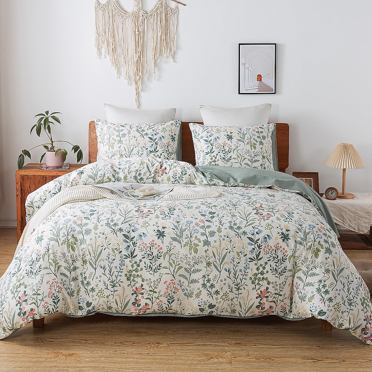 HoneiLife Duvet Cover Queen Size - 100% Cotton Comforter Floral Breathable Duvet Cover with Zipper Closure & Corner Ties,3pcs Wildflower Comforter Cover Sets- Fragrant Grass