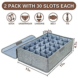 Sock Drawer Organizer Divider 2 Pack Socks Organizer with Lid 30 Cell Foldable Closet Sock Storage Divider Tie Storage Underwear Storage Boxes for Storing Socks Ties Bra Handkerchiefs Belts (Gray)
