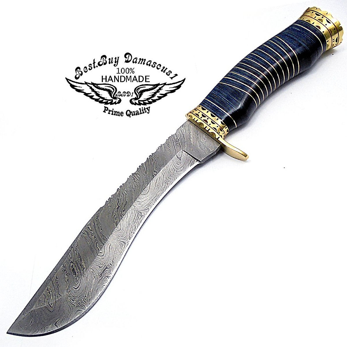 Best.Buy.Damascus1 Blue Wood 13" Fixed Blade Custom Handmade Damascus Steel Kukri Hunting Knife Double Brass Bolster Spacers Unique Beautiful File Work On Handel Come With Leather Sheath