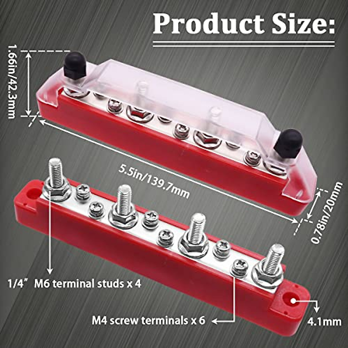 Seamaka (Red+Black) Power Distribution Terminal Block with Cover with 4 x 1/4”(M6) Post,6 x M4 Terminal Screws,Battery Bus Bar with Ring Terminals for Car Boat Marine O-038-10-C-N