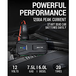 SOLVTIN S6 Jump Starter 1200A Car Starter for up to 7.5L Gas and 6.0L Diesel Engine 12V Battery Jump Starter with Smart Jumper Cables Portable Power Bank with PD 18W, QC 3.0 Port and LED Light
