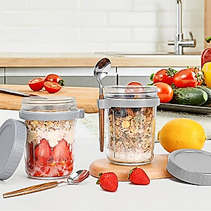 Overnight Oats Jars with Spoon and Lid 16 oz [2 Pack], Airtight Oatmeal Container with Measurement Marks, Mason Jars with Lid for Cereal On The Go Container (2pcs grey)
