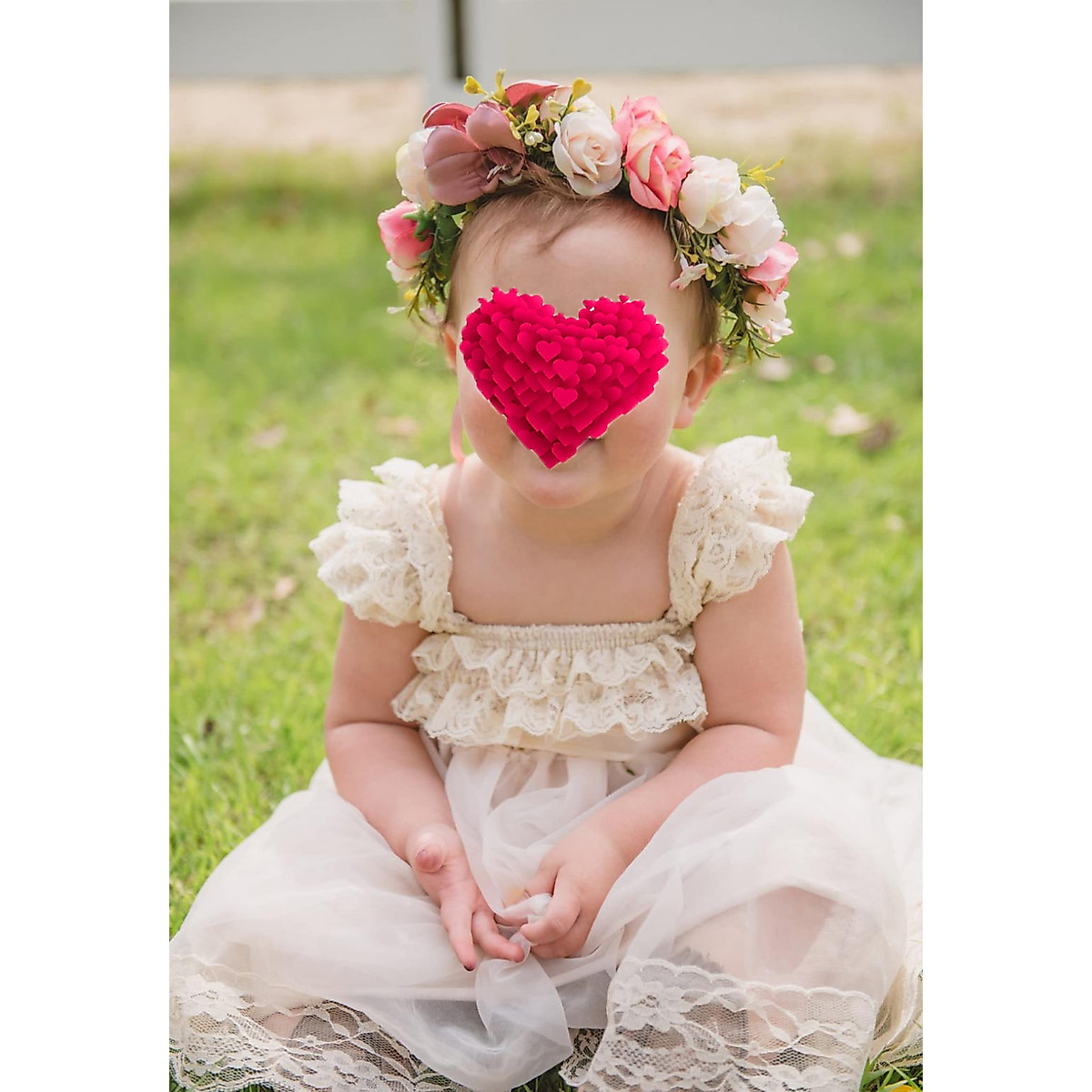 Vivivalue Women Flower Crown Bridal Flower Headband Hair Wreath Floral Headpiece Halo Boho with Ribbon Wedding Party Festival Photos Pink