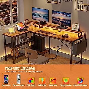 Furologee L Shaped Computer Desk with LED Lights & Power Outlet, Gaming Desk with 2 Reversible Storage Shelves, Corner Desk with 50" Monitor Stand, Writing Study Table with Cloth Bag for Home Office