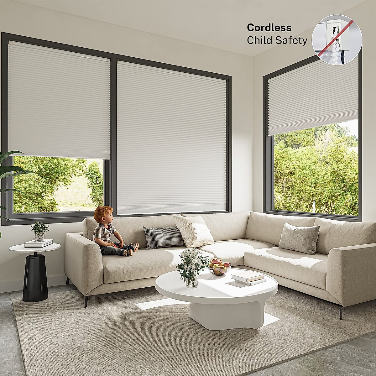 Keego Cordless No Drill Cellular Blinds for Window Blackout Honeycomb Shades No Tools Easy Install for Home Kitchen Bedroom Office(Blackout,White,34w x 60h)