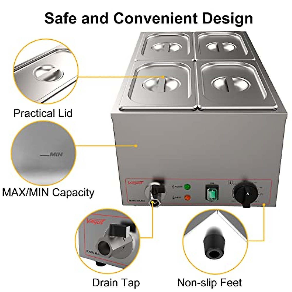 Valgus Commercial Stainless Steel 4 Sections Bain Marie Food Warmer 16 Qt Buffet Server with Lid and Tap for Home, Catering, Restaurants