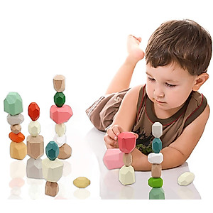 LSJDEER 40 PCS Wooden Rocks Balance Stones Building Blocks Set, Colored Wood Balancing Stone Stacking Game, Lightweight Natural Educational Preschool Learning Large Small Puzzle Toy for Kids