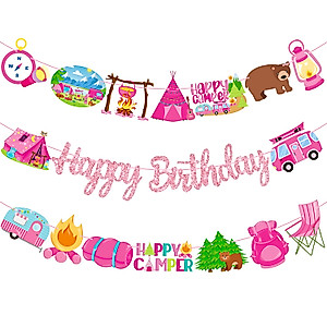 Happy Camper Birthday Party Banners Girls Camping Birthday Decorations 2PCS Happy Camper Party Decorations Camping Party Decoration for One Happy Camper Baby Shower Supplies