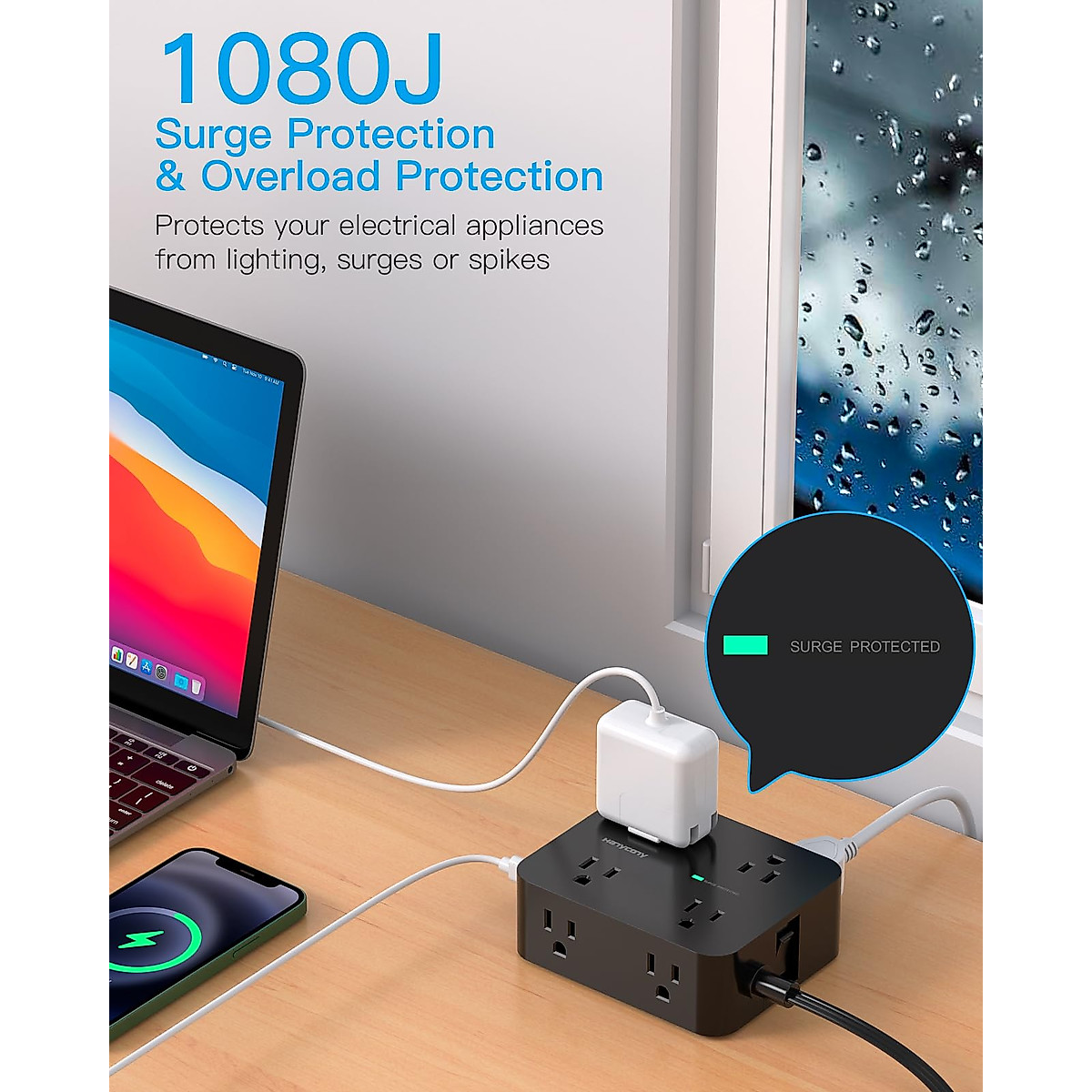 Power Strip Surge Protector, 5Ft Ultra Thin Flat Plug Extension Cord with Multiple Outlets, 8 Widely Outlet Extender with 4 USB Ports(2 USB C), 1080J Wall Mount for College Dorm Room Essentials Black