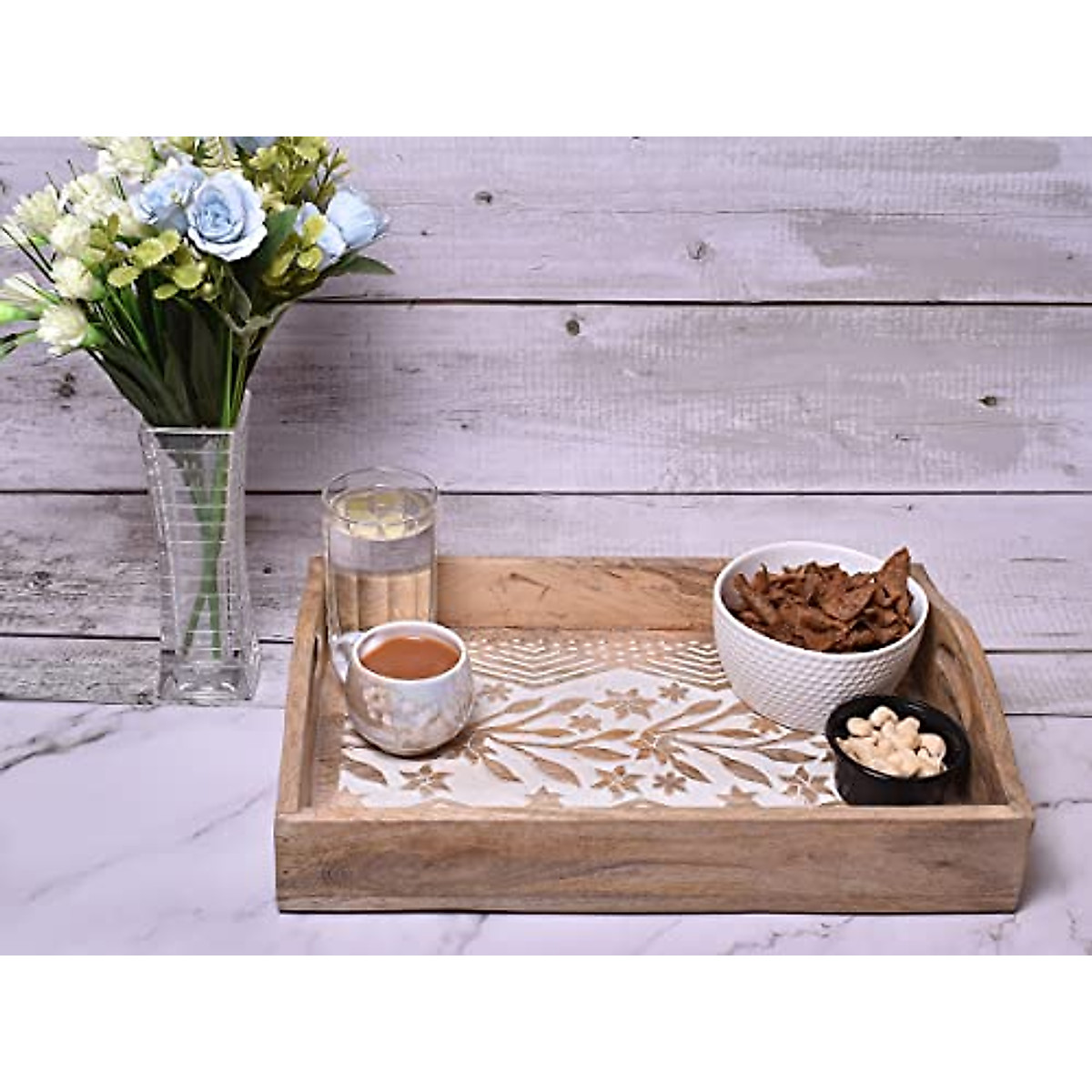 Hand Carved Wooden Breakfast Serving Tray with Handle for Breakfast Tea Snack Dessert | Kitchen Dining Serve-Ware Accessories | 15 x 10 Inches | 2049