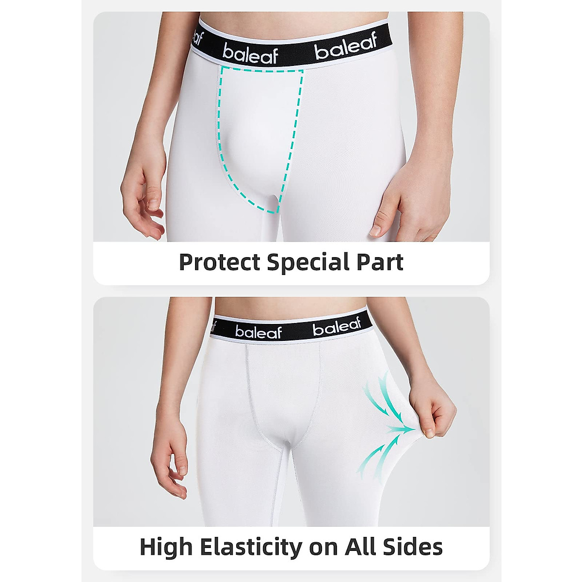 BALEAF One Leg Compression Tights Youth Basketball Leggings 3/4 Boys Sports Base Layer Capri Running Pants White M