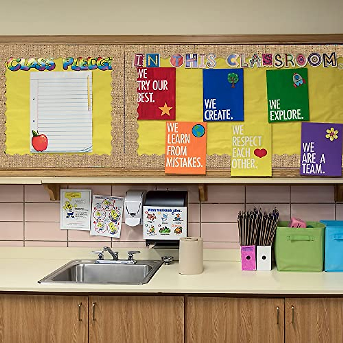 Burlap Scalloped Border Trim, Bulletin Borders Stickers, 66 ft Back to School Decoration Borders for Bulletin Board/Black Board Trim, Teacher Student Use for Classroom School Decoration