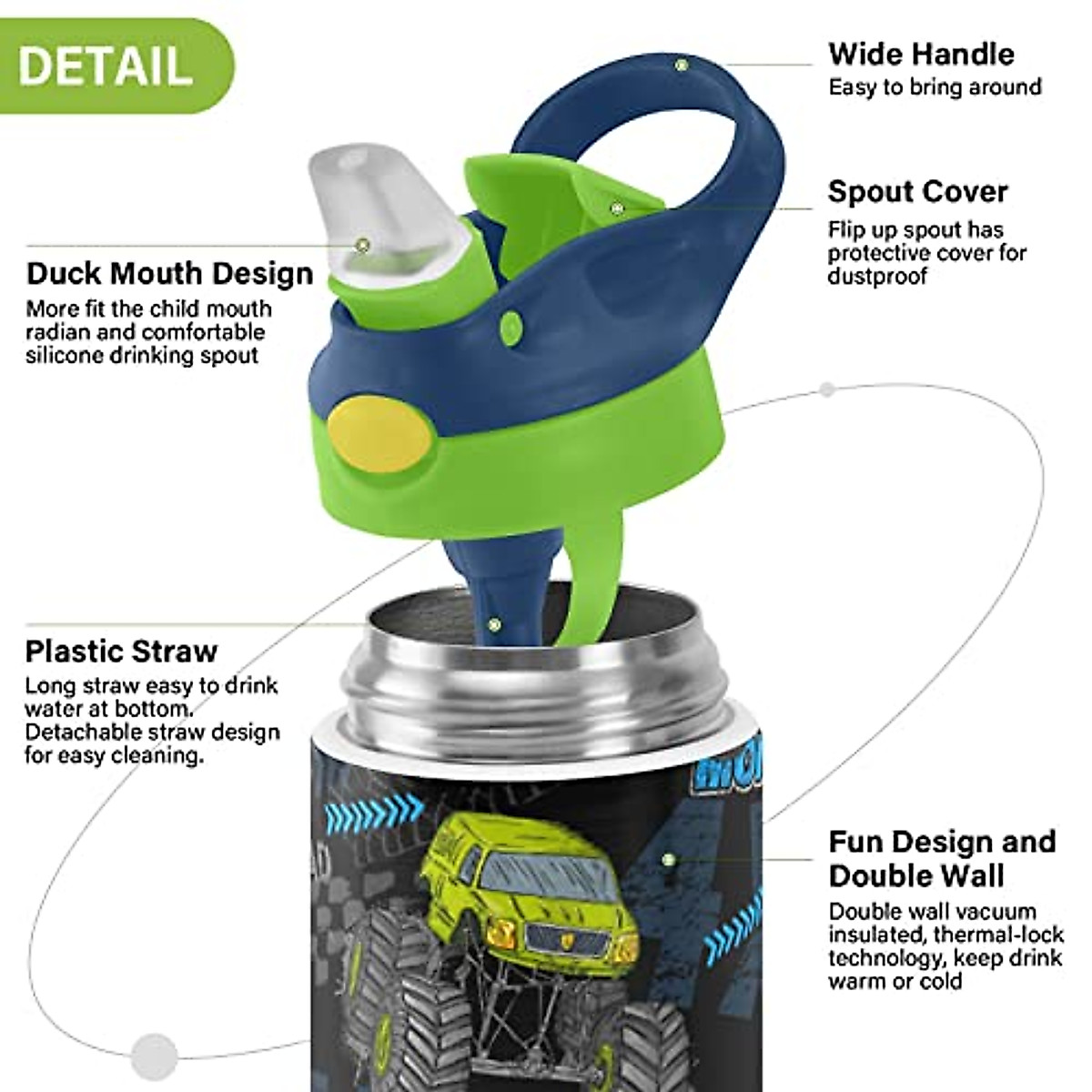Monster Truck Car Kids BPA Free Water Bottle 14 oz Insulated Stainless Steel Toddler Flask with Leak Proof Lid Double Walled Kids Water Cup for Kids - Green