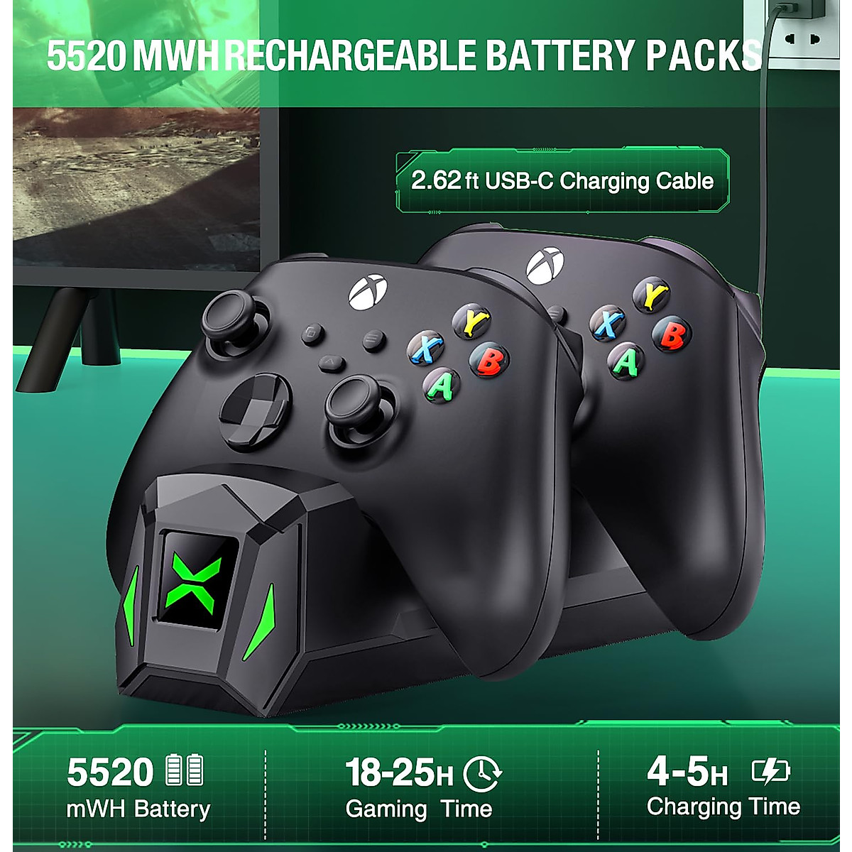 Controller Charger Station with 2x5520mWh Rechargeable Battery Packs for Xbox One/X/S/Elite/Xbox Series X|S, High Speed Charging Station Dock with 4 Batteries Cover for Xbox Controller Battery Pack