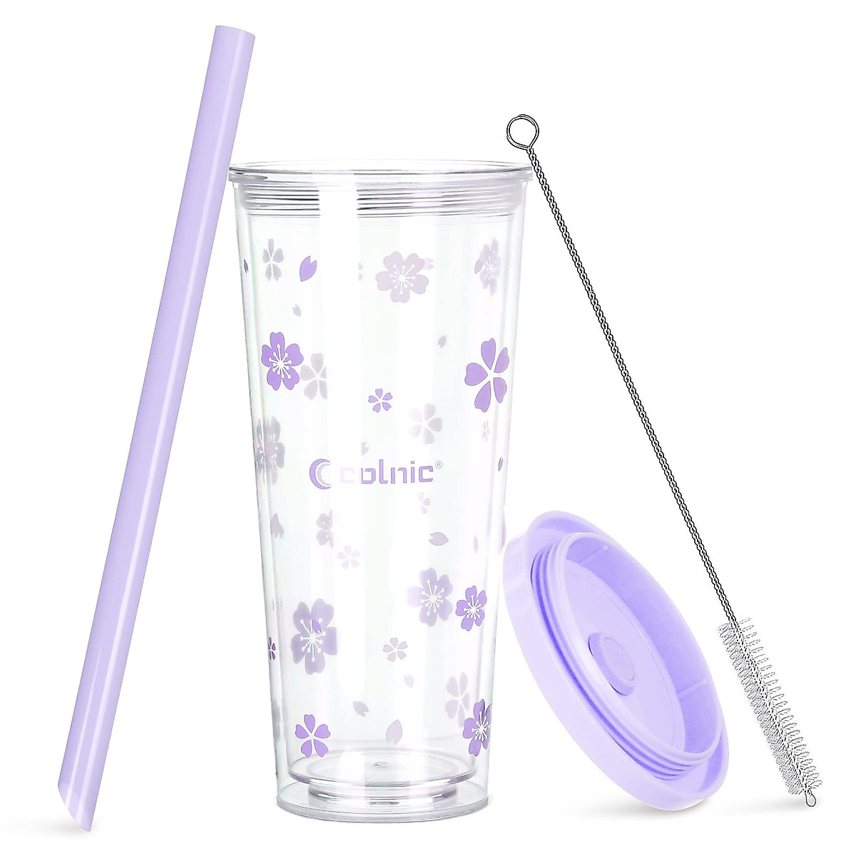 Colnic Reusable Boba Cup With Lids And Straws, 24OZ/700ml Smoothie Cups, Iced Coffee Cup, Leakproof Kawaii Cup, Bubble Tea Cup, Boba Cups With Boba Reusable Straw, Double Wall Tumbler (Purple)