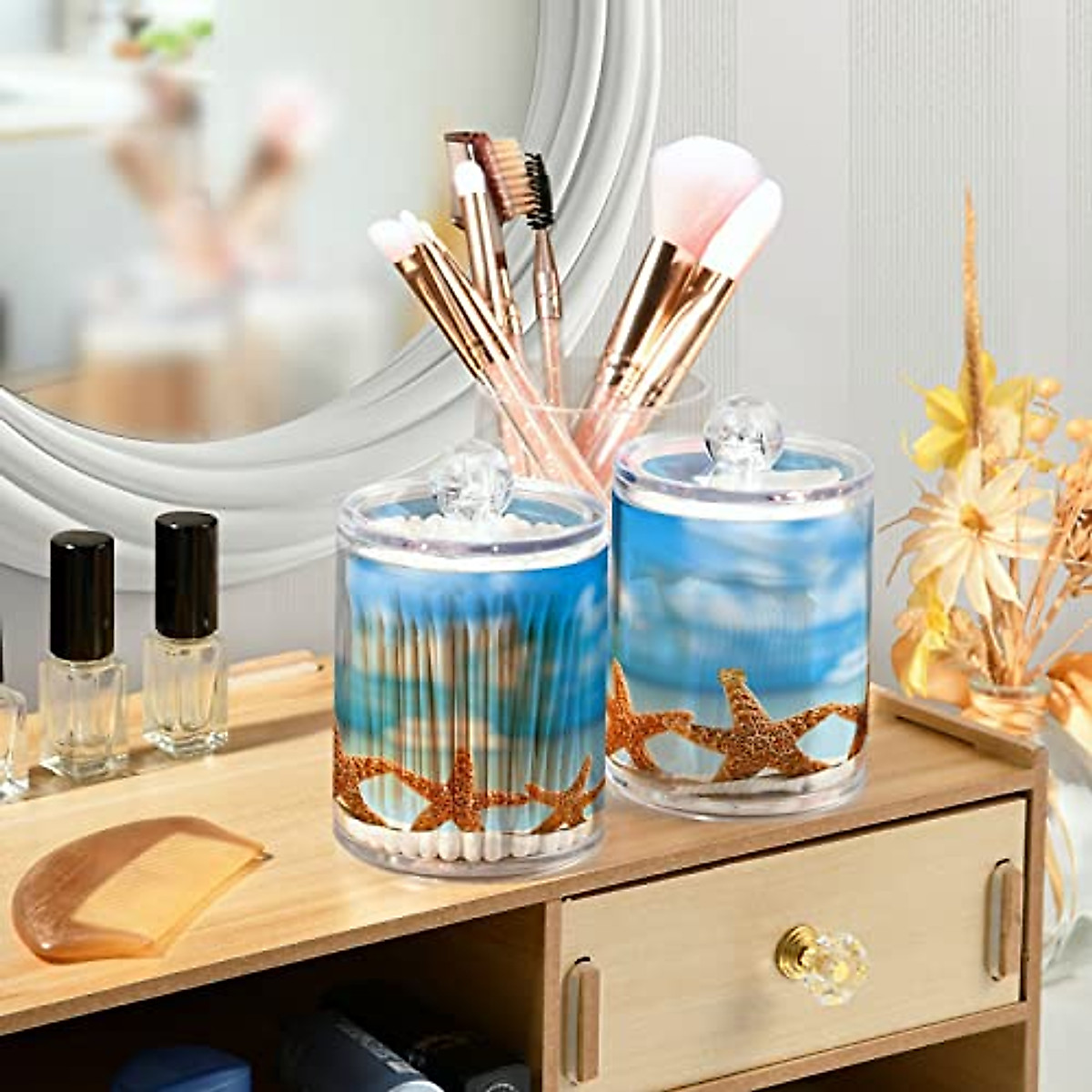 ALAZA Starfish Ocean Blue Sky 2 Pack Qtip Holder Dispenser with Lid 14 Oz Clear Plastic Apothecary Jar Containers Jars Bathroom for Cotton Swab, Ball, Pads, Floss, Vanity Makeup Organizer