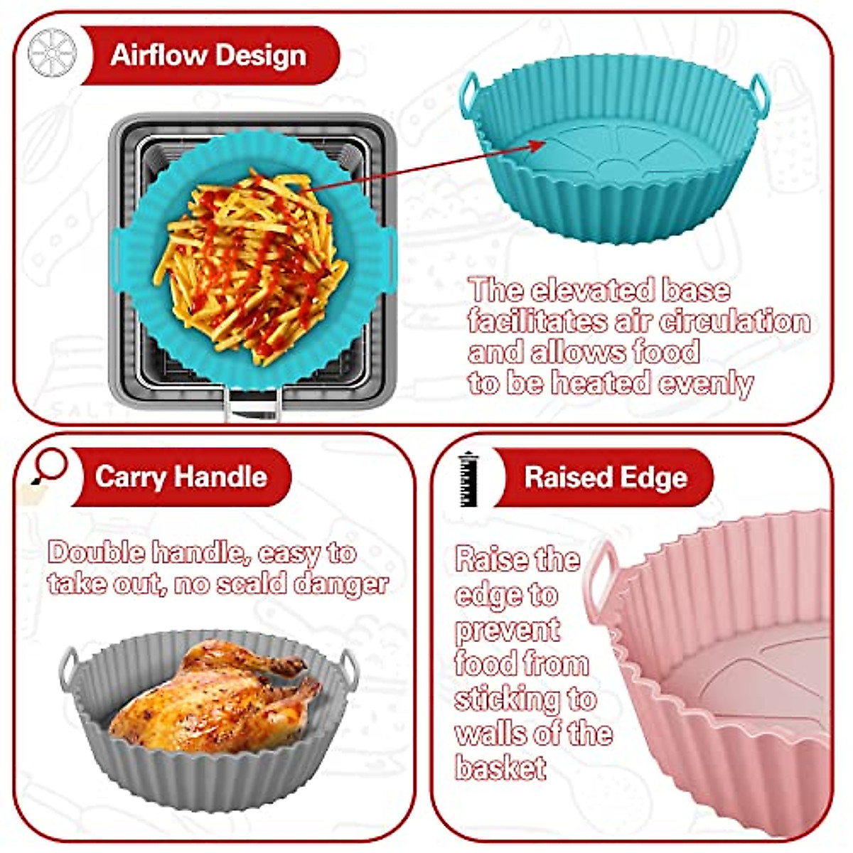 3 Pack Air Fryer Silicone Liners Pot, 8 Inch Silicone Air Fryer Liners Round Reusable Air Fryer Basket for 3.5-7QT, Replacement of Parchment Paper Liners for Baking Oven Microwave (Blue+Pink+Grey)