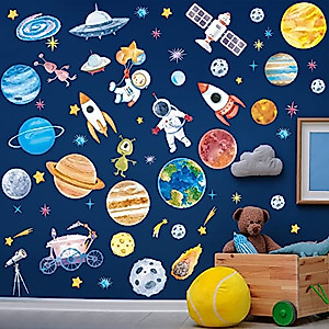 6 Sheets Space Astronaut Spacecraft Wall Decal Space Planet Wall Sticker Solar System Wall Decals Galaxy Astronaut Rocket Alien Wall Mural for Boys Kids Classroom Nursery Bedroom Home Decoration