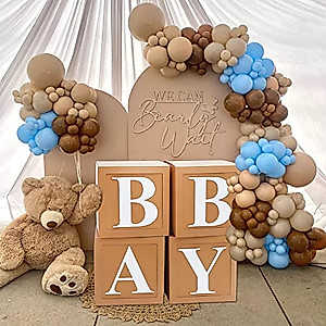 Teddy Bear Baby Shower Boxes Decorations, 4pcs Brown Baby Shower Blocks with Letters, Stereoscopic Babyshower Balloon Boxes for Woodland Baby Shower Decor Boys Girls Gender Reveal Backdrop