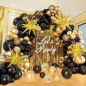 164Pcs Black and Gold Balloons Garland Arch Kit,Black and Gold Balloons with Gold Star Balloons, Black Gold Confetti Latex Balloons, for Graduation Retirement Anniversary Birthday Party Decorations
