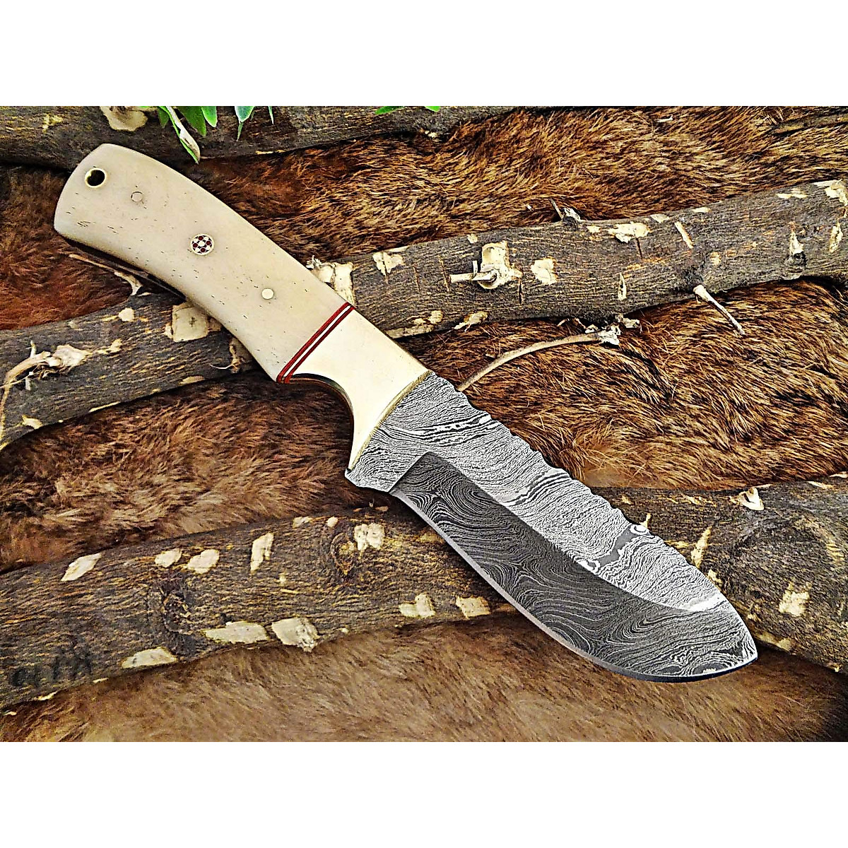 9.5 inches Long skinning knife, Hand Forged Damascus Steel Full Tang trailing point blade, Natural Camel bone with Brass Bolster Scale, Cow Hide Leather Sheath (Camel Bone)
