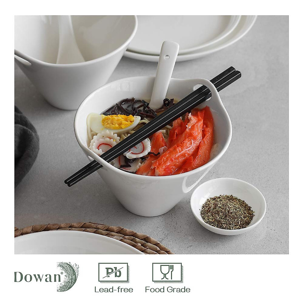 DOWAN Ramen Bowls Set of 2, Japanese Noodle Bowls with Chopsticks and Spoons, 20 Ounce Deep Pho Bowls, White Kitchen Bowls for Ramen, Soup, Dishwasher & Microwave