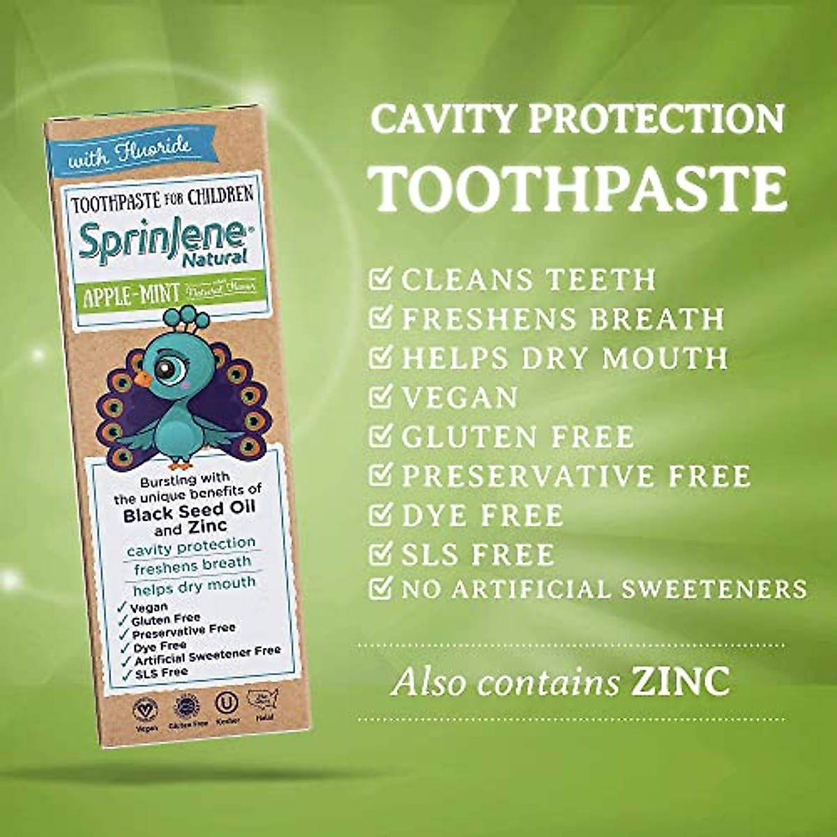 SprinJene Kids Toothpaste with Fluoride for Cavity Protection & Fresh Breath - Natural SLS Free Toddler Toothpaste for Childrens 2 Years & Up/Preservative & Toxic Free (1 Pack) Apple Mint