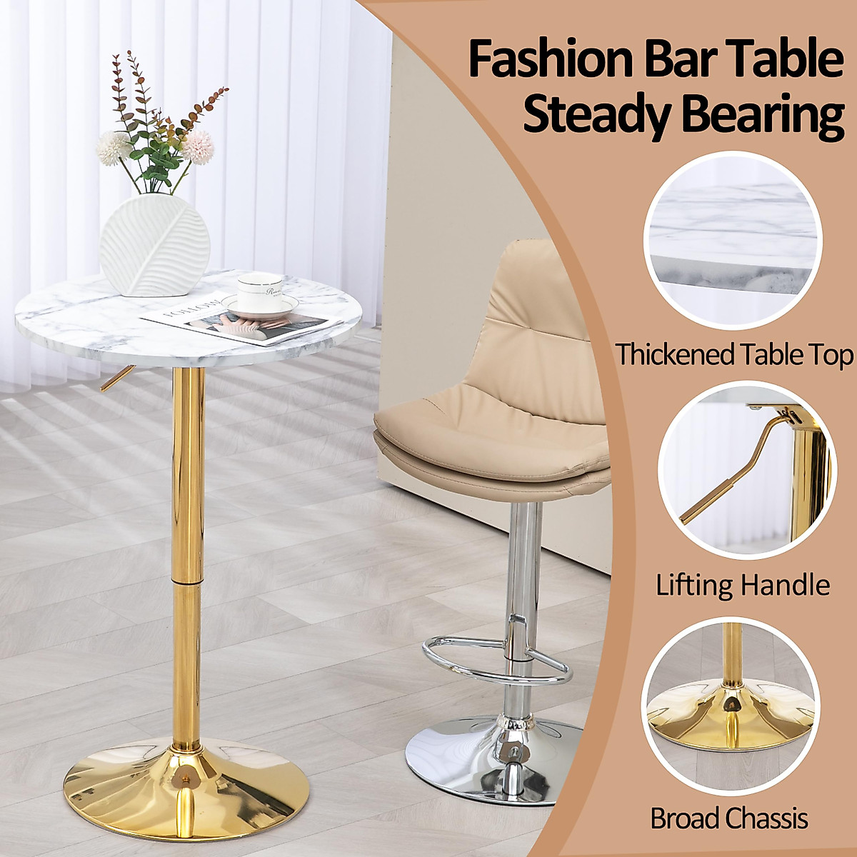 Finnhomy 24'' Round Cocktail Bar Table with Metal Base, Tall Bistro Pub Table, Adjustable 27.9''-35.4'' Counter Bar Height for Kitchen, Dining Room, Living Room, Easy Assembly, Gold