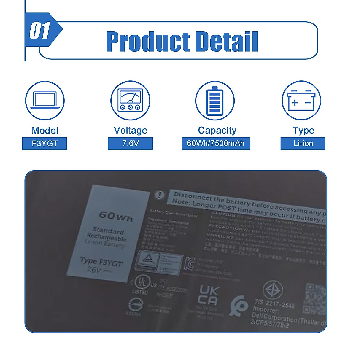 Dentsing 60Wh F3YGT Laptop Battery for Dell Latitude 12 7000 7280 7290/13 7000 7380 7390 P29S002/14 7000 7480 7490 P73G002 Series DM3WC DM6WC 2X39G KG7VF 451-BBYE 453-BBCF 7.6V 4 Cells