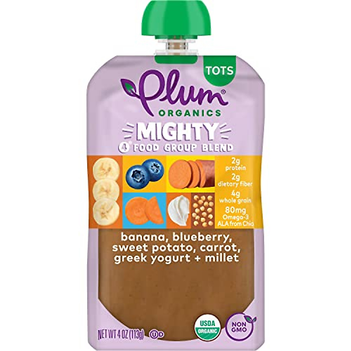 Plum Organics | Mighty Food Group Blend | Organic Baby Food Meals [12+ Months] | Banana, Blueberry, Sweet Potato, Carrot, Greek Yogurt & Millet | 4 Ounce Pouch (Pack Of 6) Packaging May Vary