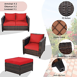Tangkula 5 Pieces Patio Furniture Set, Outdoor Rattan Sofa Set w/Removable Cushions, Wicker Loveseat w/Single Sofa and Ottoman, Sectional Sofa Conversation Set for Backyard, Garden, Poolside (Red)
