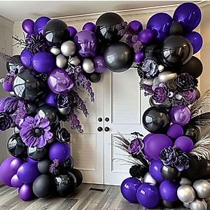 Purple Black Silver Balloon Garland - Double Stuffed Dark Purple Black Balloons Metallic Purple Silver Balloons Lavender Lilac Balloon Arch Kit for Birthday Baby Shower Anniversary Wedding Party Decor