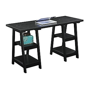 Convenience Concepts Designs2Go Double Trestle Desk with Shelves, Black