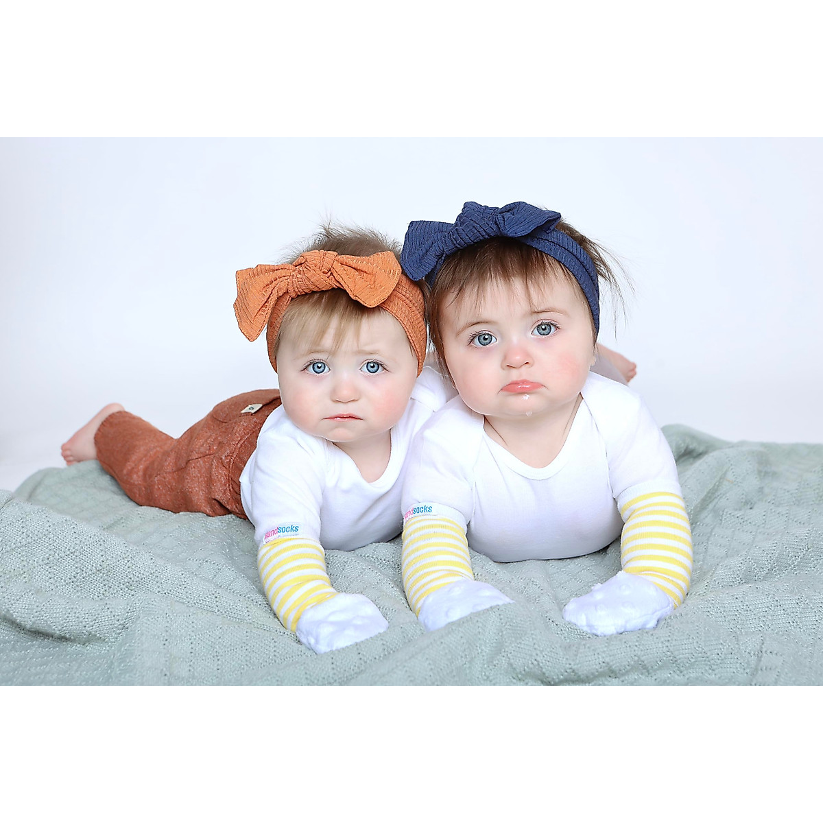 Handsocks Plushy Stay On Strap-Free No-Scratch & Warmth Mittens (Medium 6-12 Months. Bicep Size Should be Bicep 5.0"-8.0"), Olivia (Grey/Yellow Elephant) - One Pair