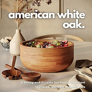 Ziruma Salad Bowls, Wooden Salad Bowls Set, Large White Oak Wood Serving Bowl for Fruits, Salad, 10.2" Big Salad Bowl with American Walnut Serving Utensils. Ceramic Serving Bowls Included