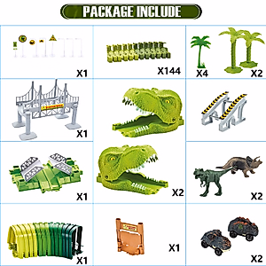 Dinasors Race Track Toy for Boys Girls Race Car Track for Kids Age 3-6 Dino Toys with 192 Flexible Track, 2 LED Dinosaur Racing Cars, Toddler Birthday Gift (Classical)